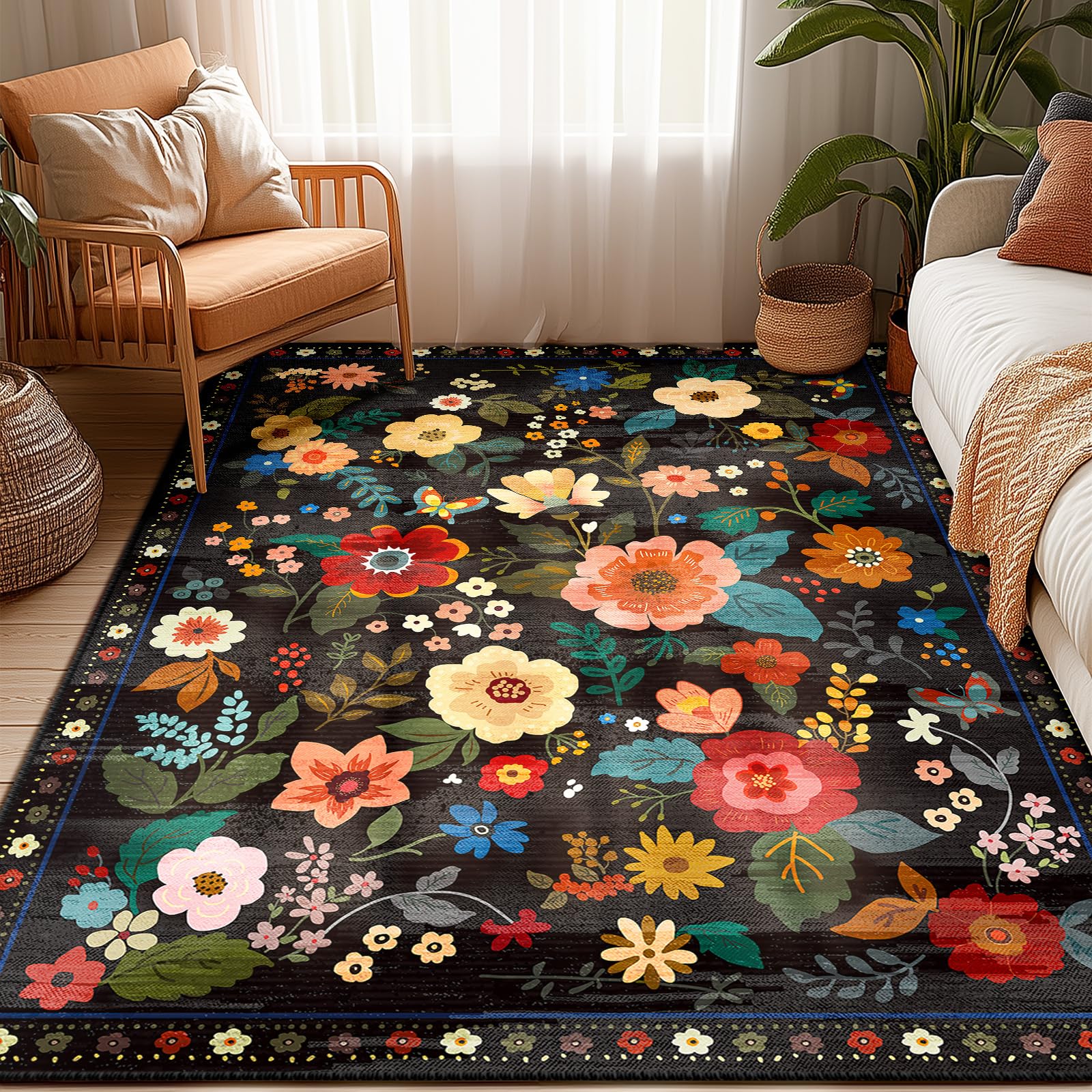 Amazon.com: RELEANY Floral 5x7 Area Rug Machine Washable Boho Carpet ...