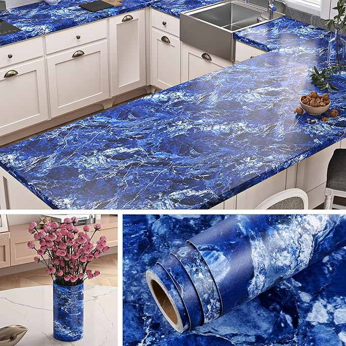 Livelynine Royal Blue Marble Contact Paper Peel and Stick Countertop ...