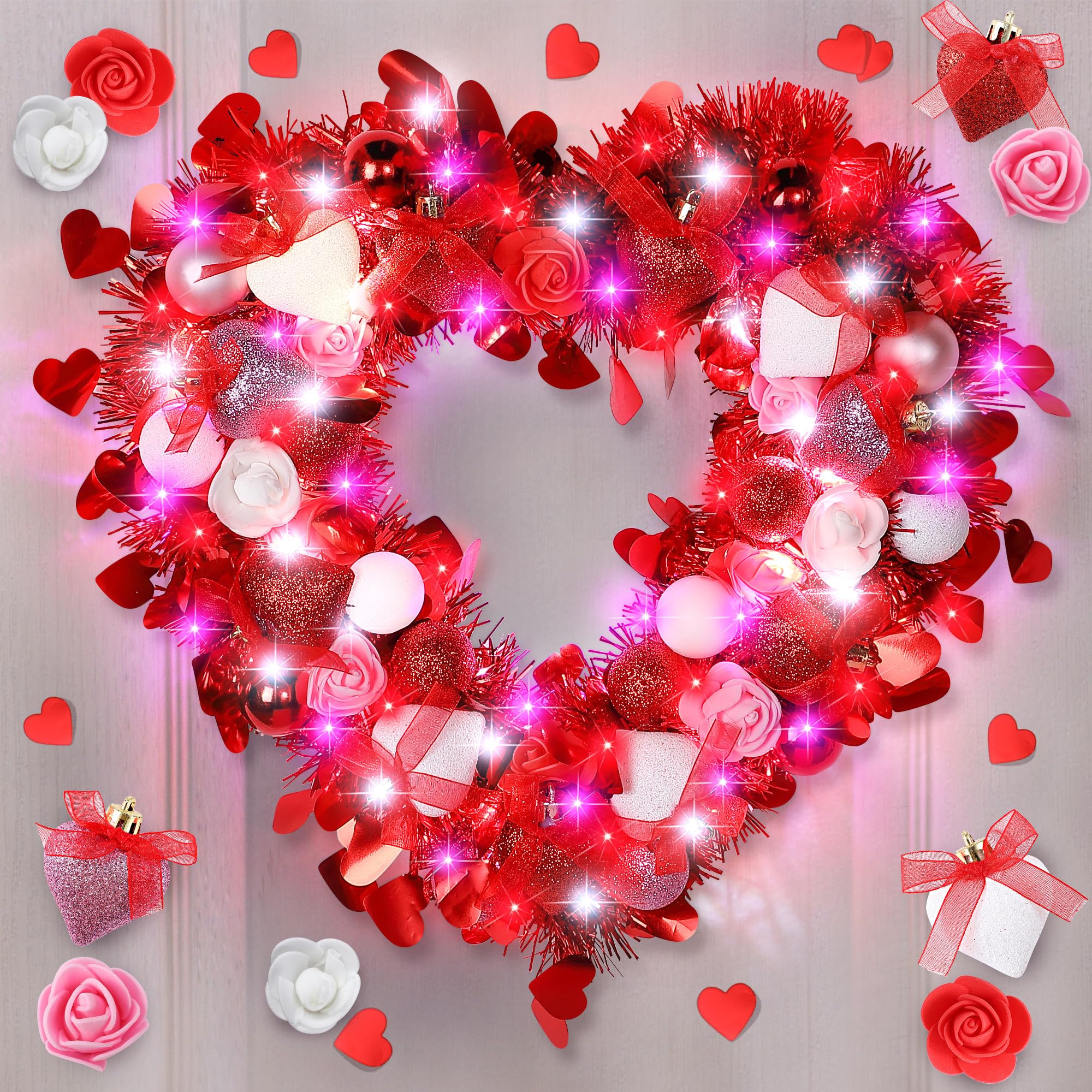 Amazon.com: Meonum 12'' Lighted Valentine's Day Wreath Heart Rose ...