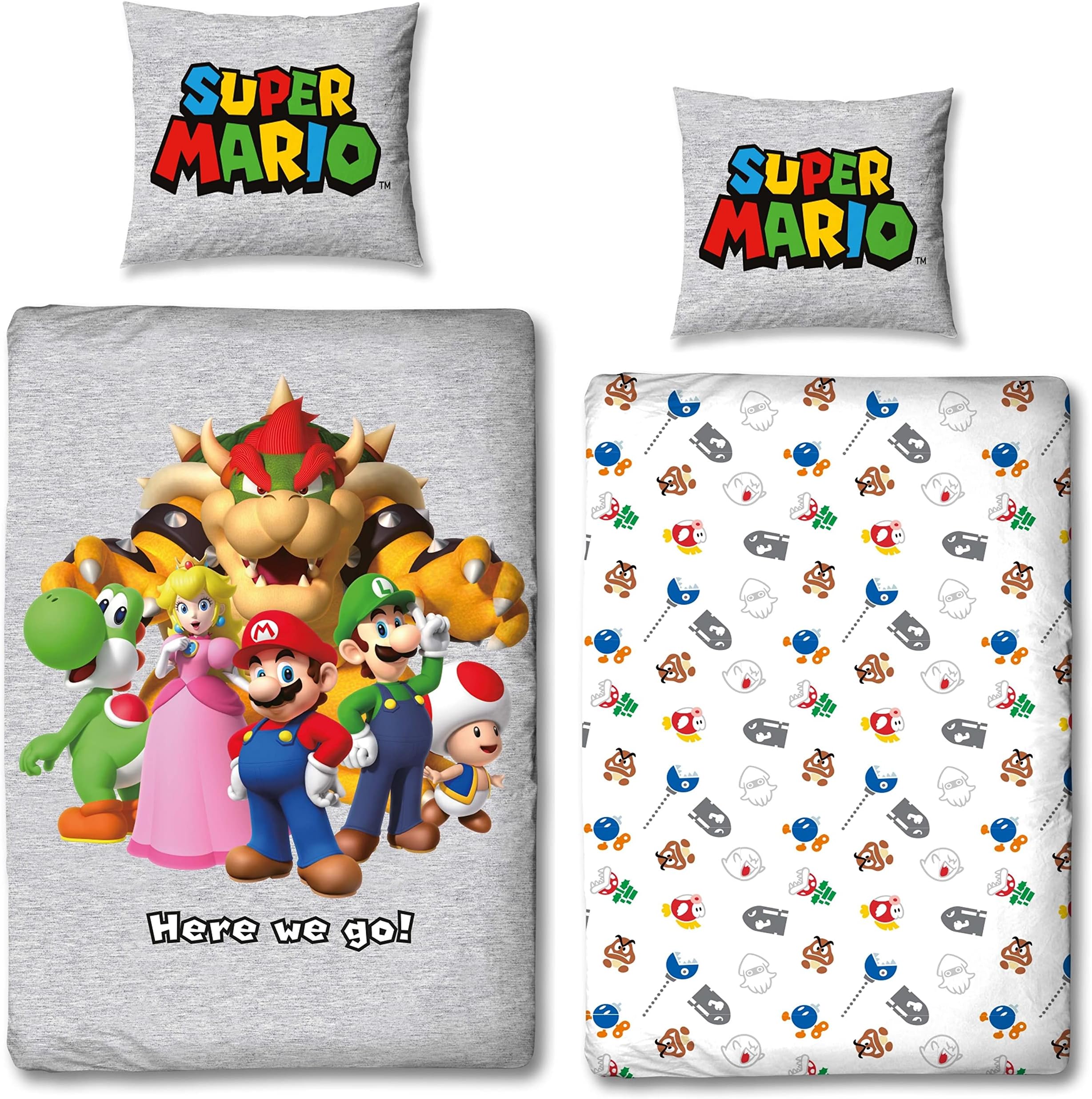 BERONAGE Super Mario Kart Kinderbettwäsche Combo - 135 x 200 cm + 80 x ...
