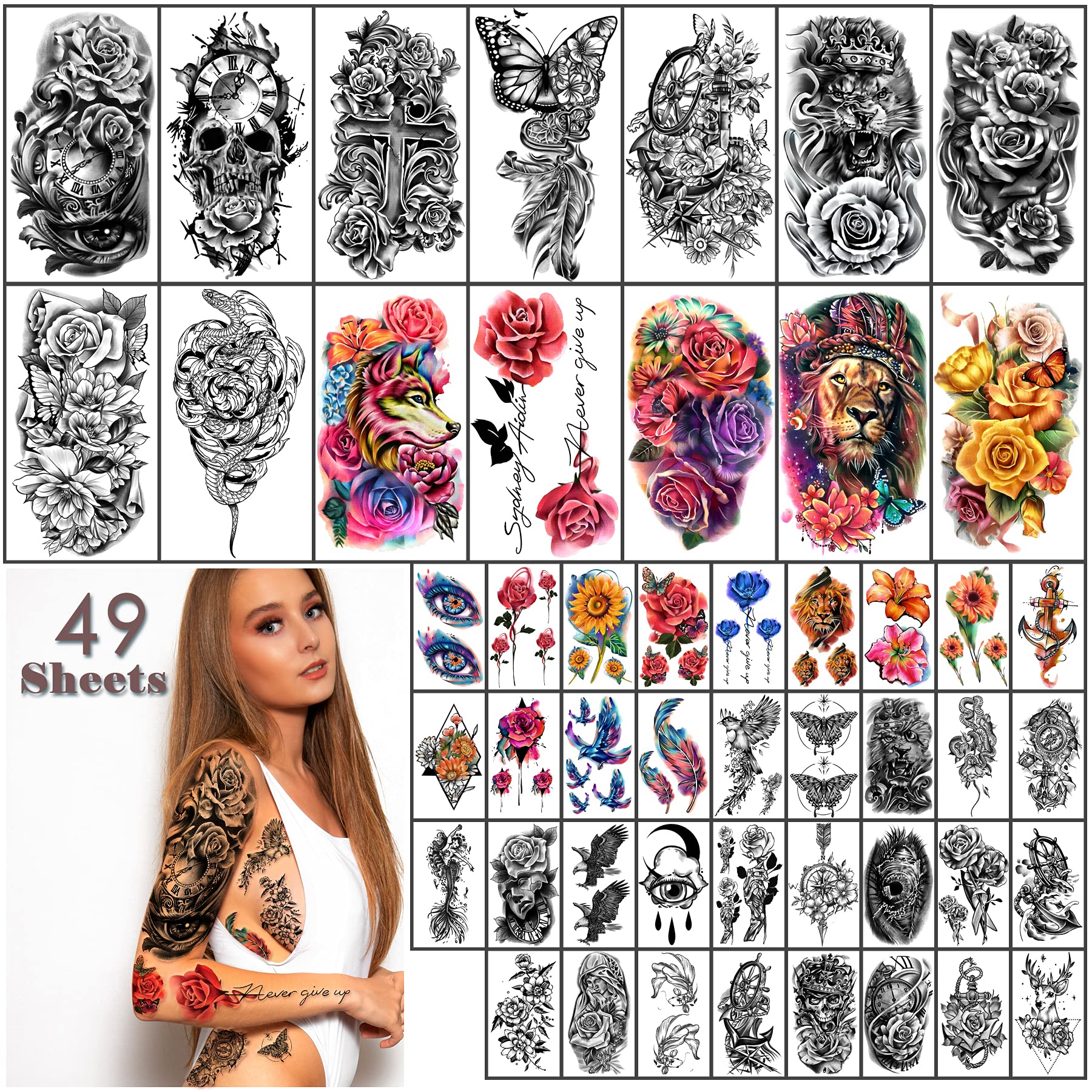 Buy SOOVSY 49 Sheets Temporary Tattoo for Women Men, Lion Fox Eagle ...
