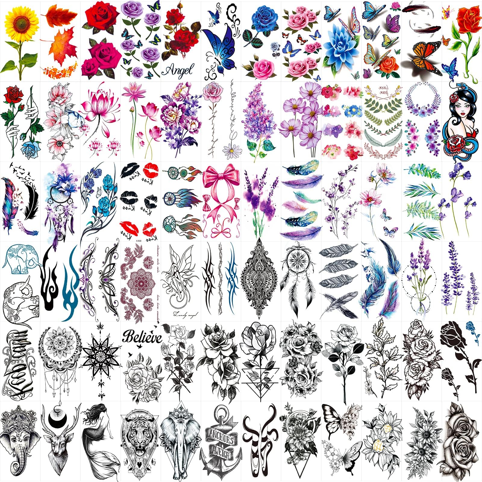 Amazon.com : 72 Sheets Temporary Tattoos for Women and Girls, Flower ...