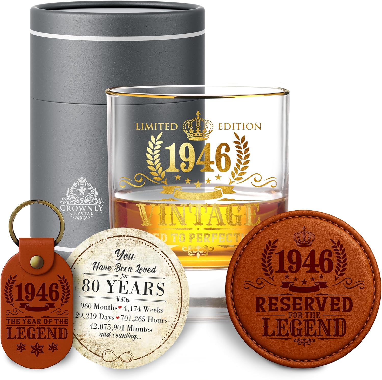 CROWNLY CRYSTAL® 1946 80th Birthday Gift for Men Personalised Whisky ...
