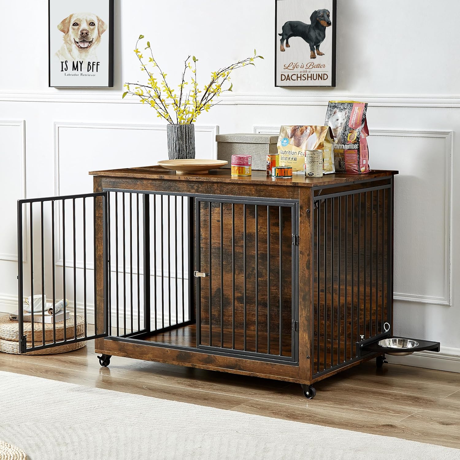 Amazon.com : Dog Crate Furniture with Wheels and Bowl: 43 Inches Indoor ...