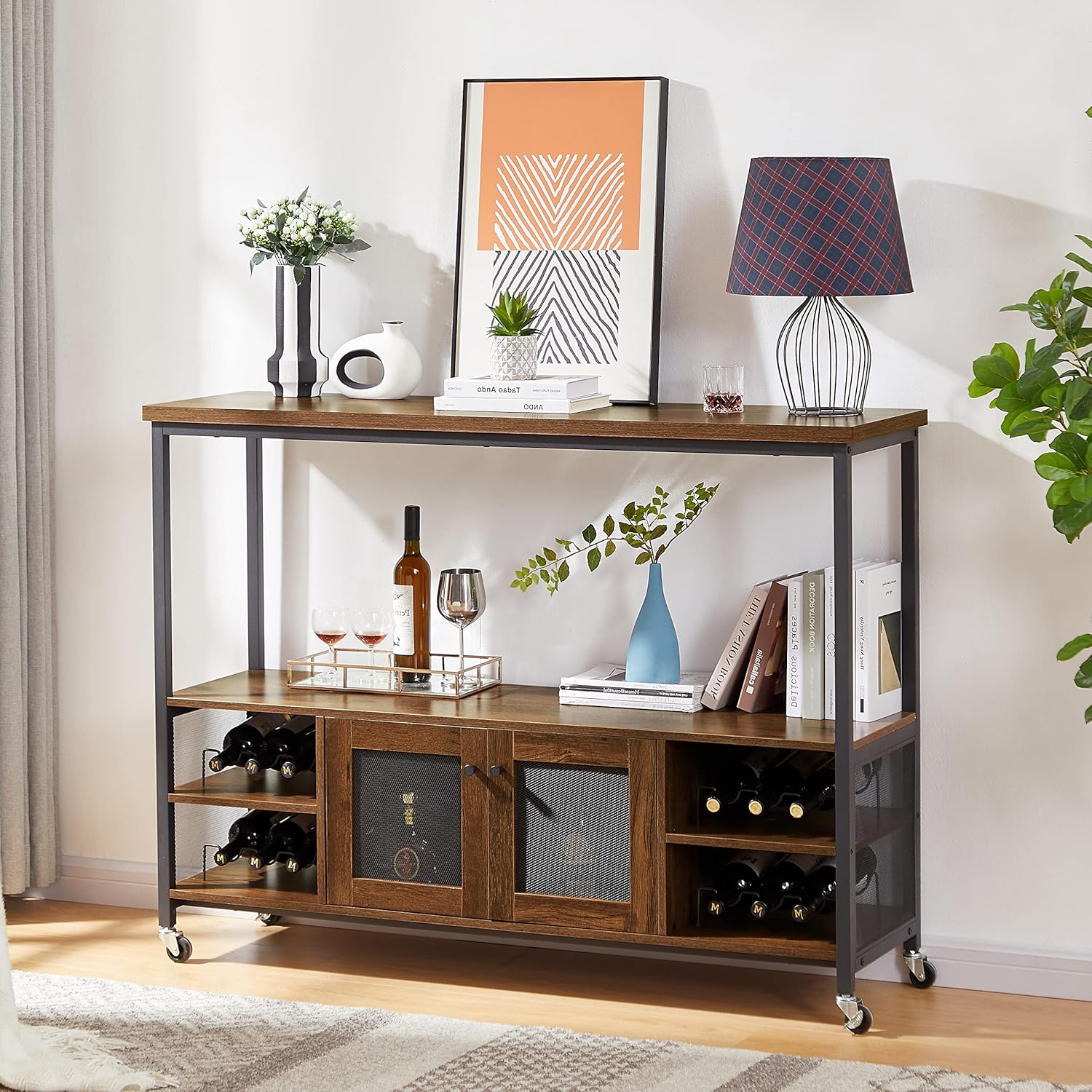 Amazon.com: Livavege Wine Bar Cabinet with Wheels, Industrial Metal ...