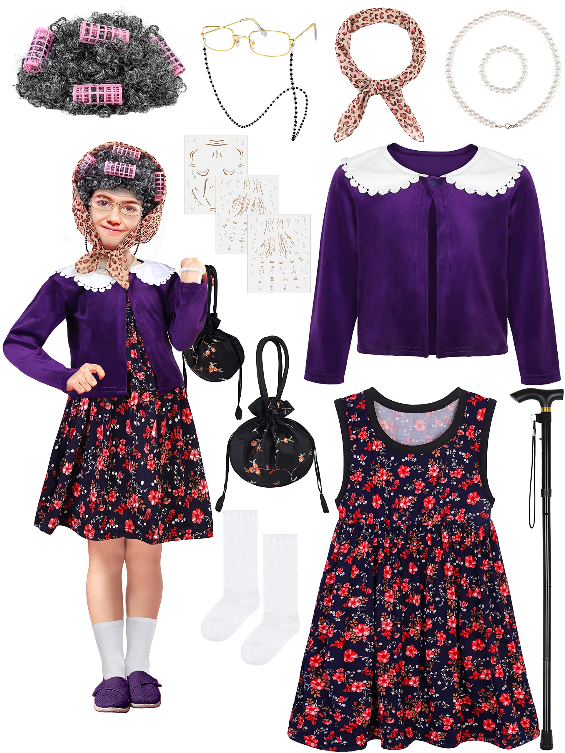 Buy SOMSOC 14 Pieces 100 Days of School Girls Old Lady Costume Granny ...