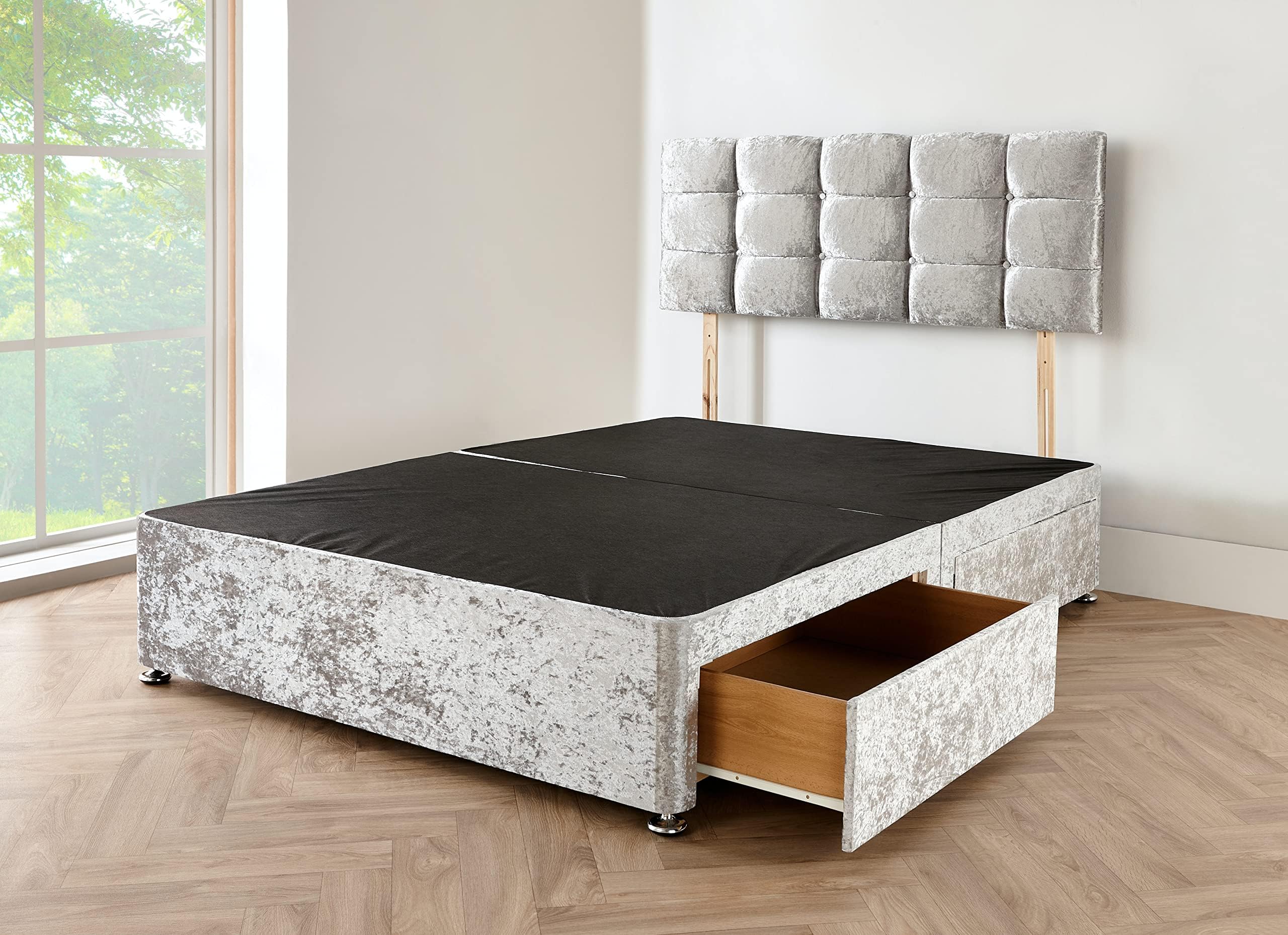Silver Divan Double Bed Base with Headboard and 4 Storage Drawers |4FT6 ...