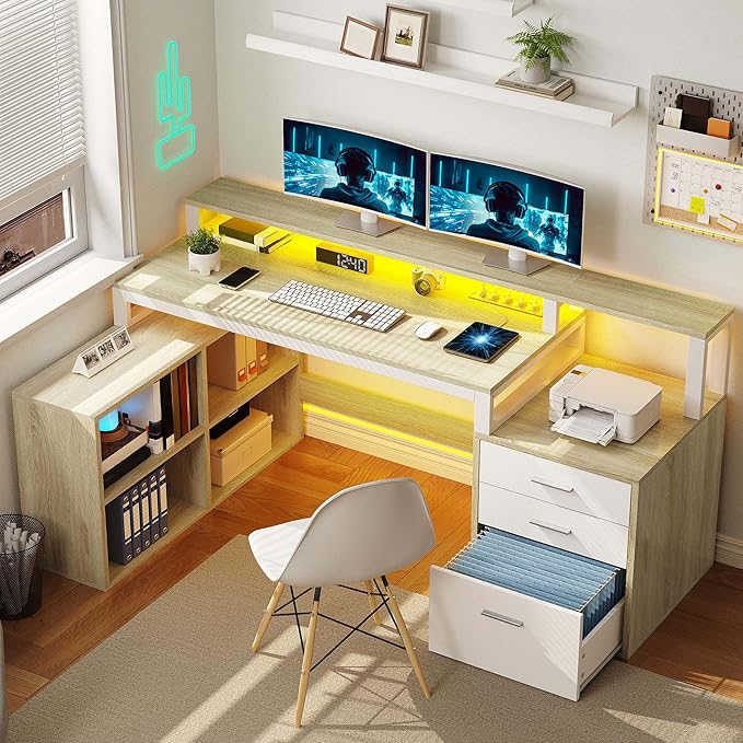 Amazon.com: DWVO L Shaped Desk with Drawers, 65" Computer Desk with ...