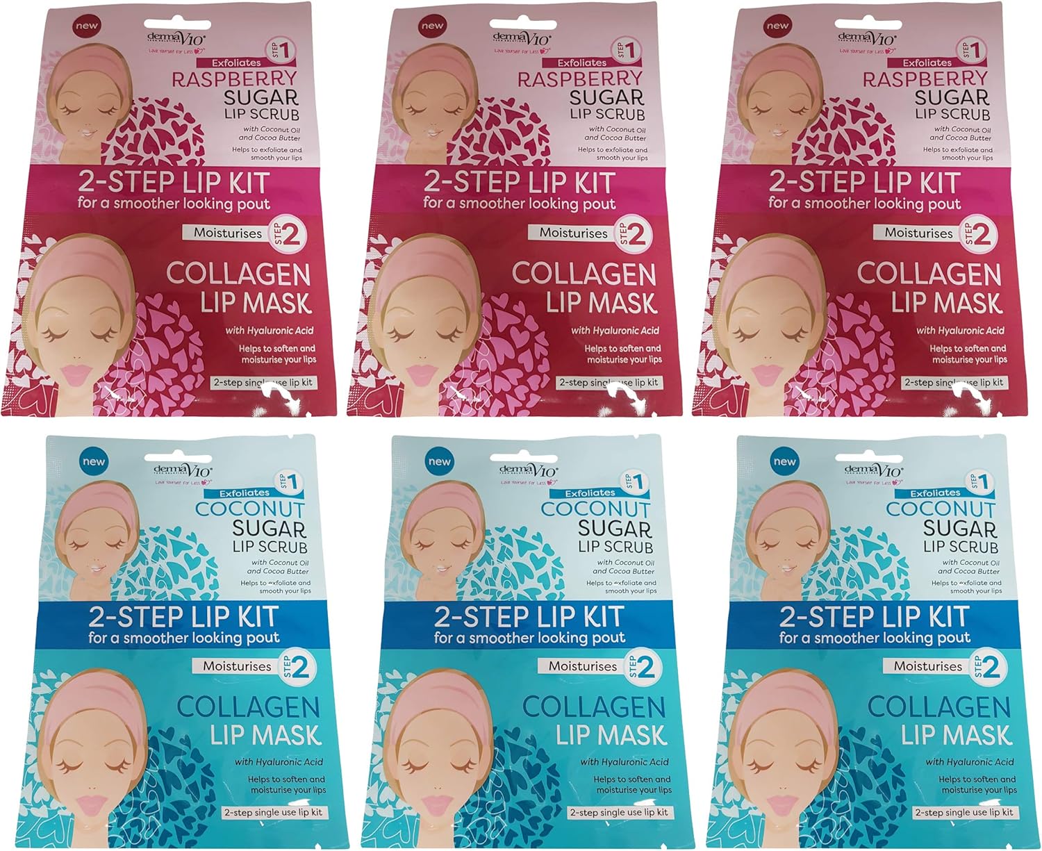 Derma V10 2-Step Lip Kit - Sugar Lip Scrub & Collagen Lip Mask - 6 Pack ...