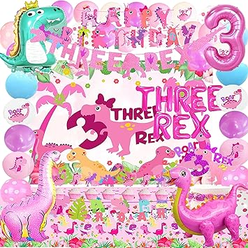 Amazon.com: Three Dino Rex birthday party decorations girl, 3 Rex Girls ...