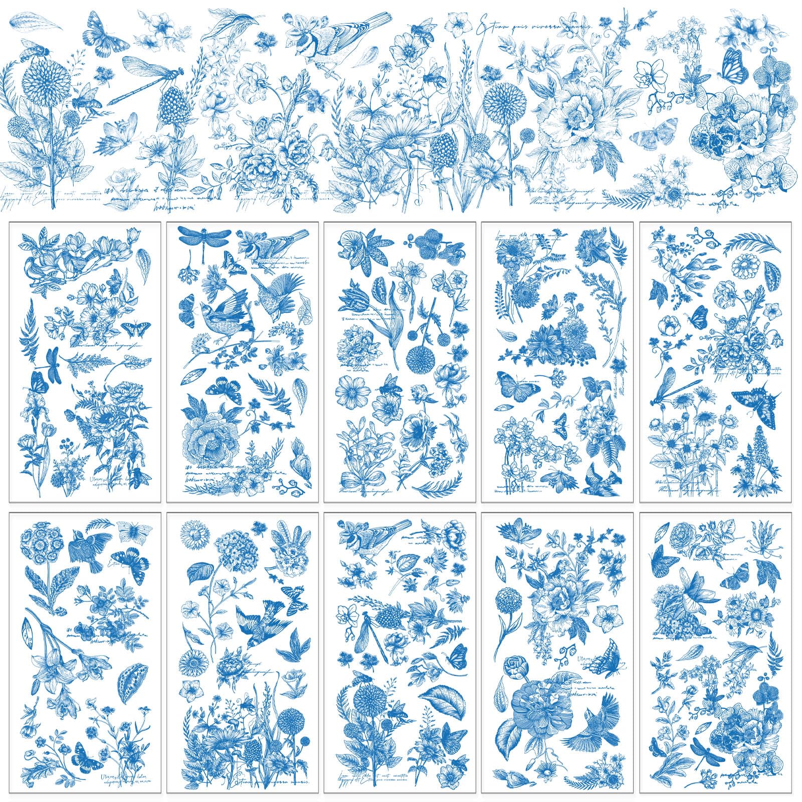 Amazon.com: Whaline 10 Sheets Blue Flower Bird Rub on Transfer for ...