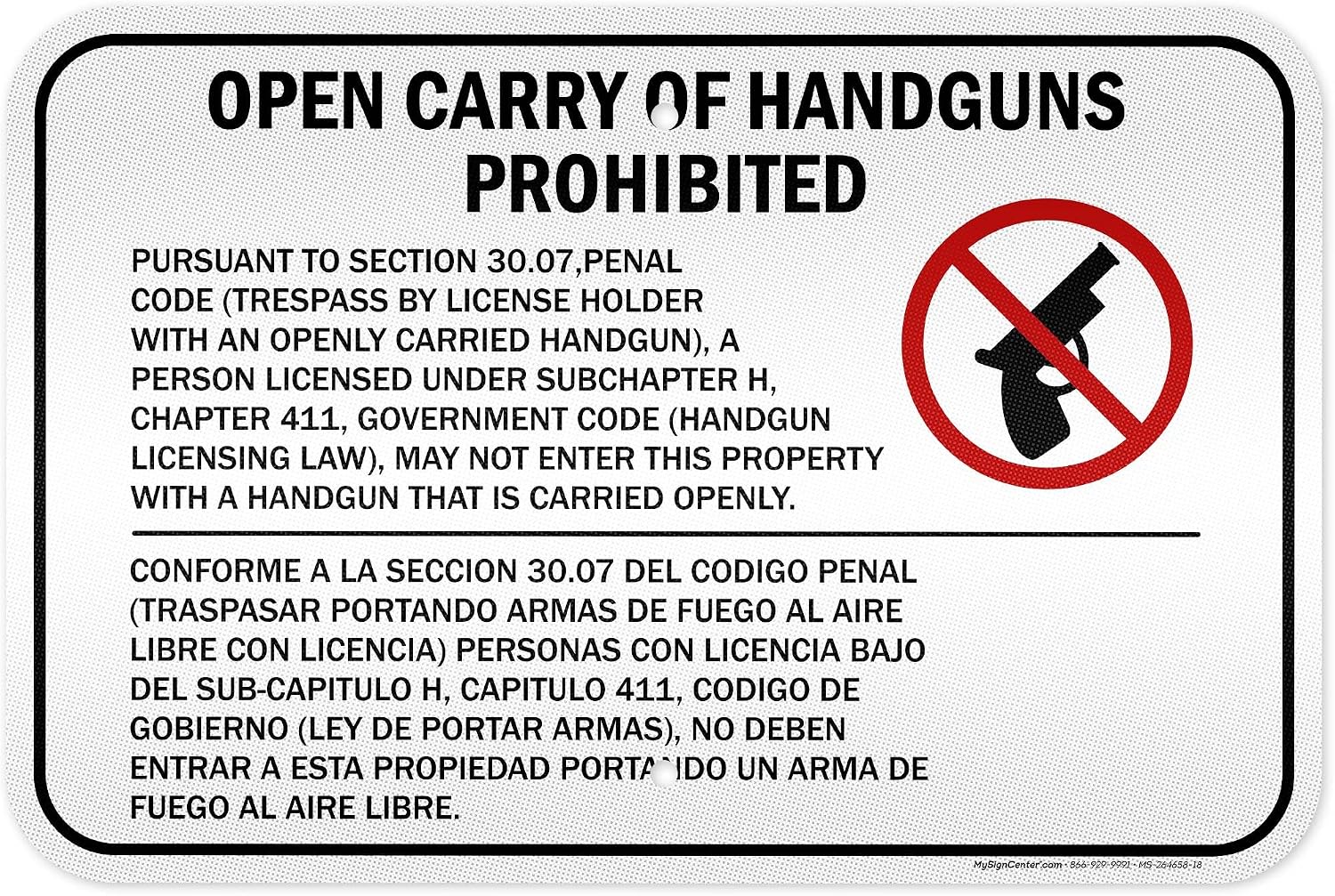 Amazon.com : Section 30.07 Open Carry Of Handguns Prohibited For ...