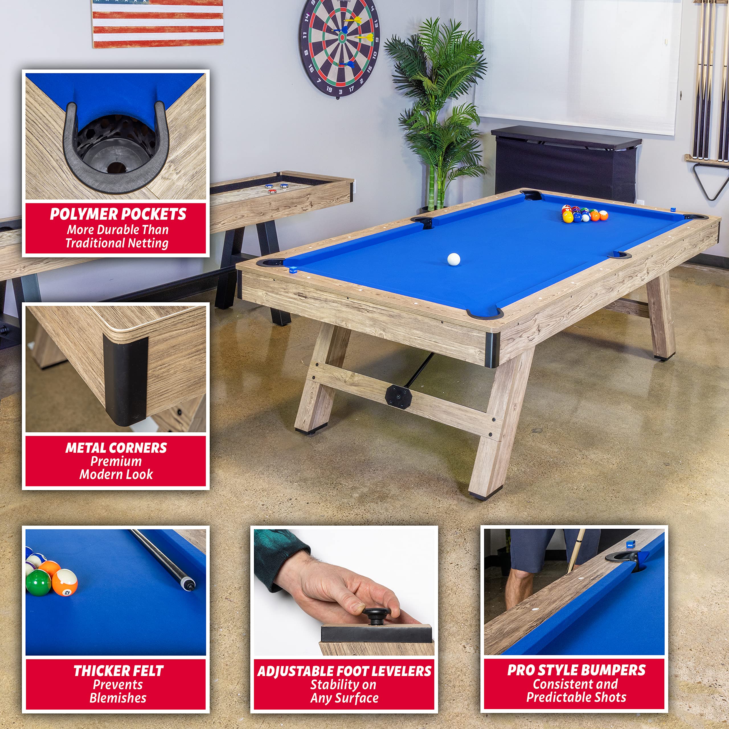 GoSports 8 ft Pool Table with Wood Finish - Modern Billiards Table with ...
