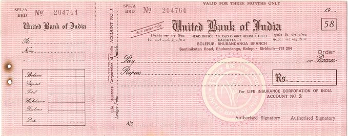 Mahaphilla India United Bank of India Cheque for Stamp Collection Pink ...