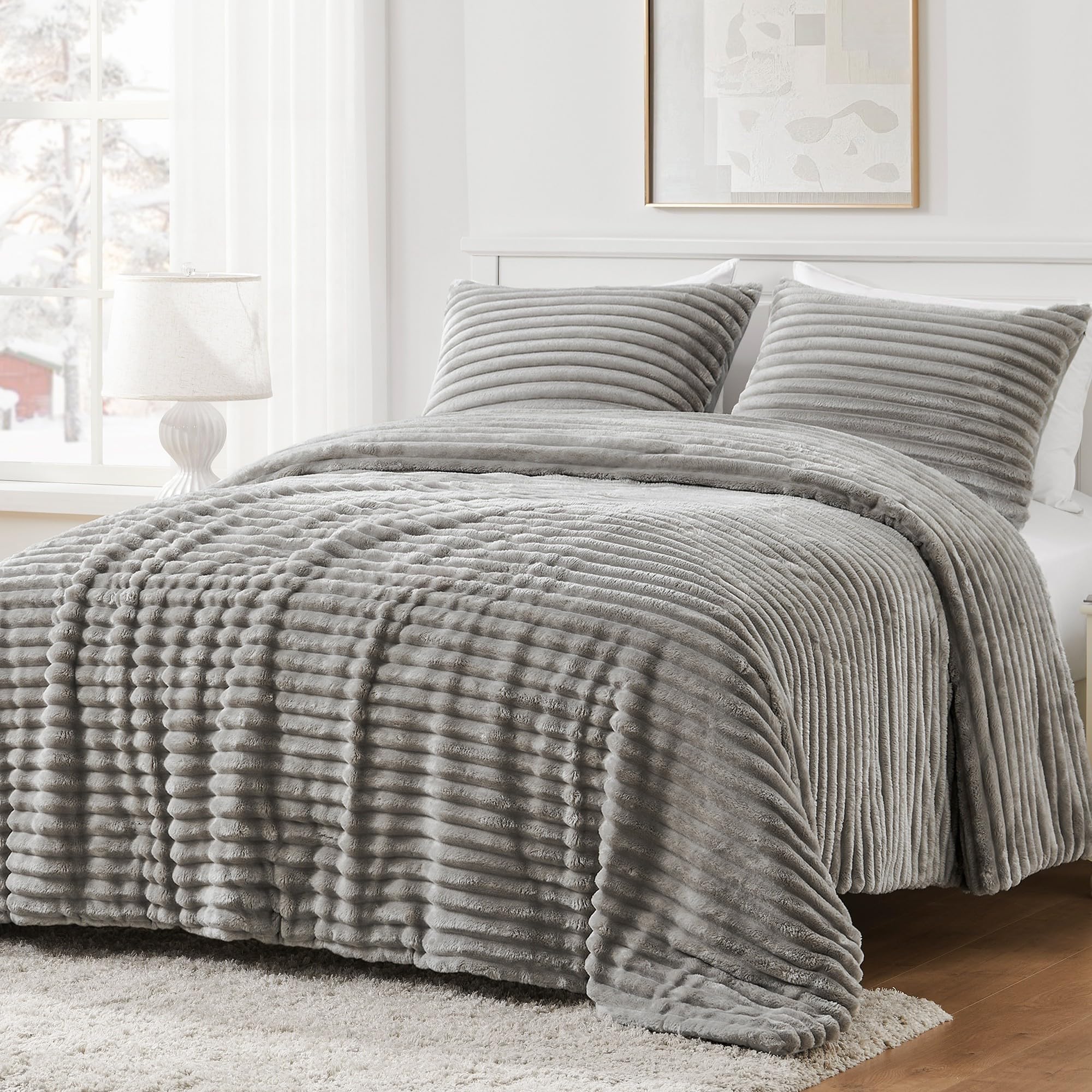 Amazon.com: BEDELITE Fluffy King Size Comforter Set - Grey Fleece Soft ...