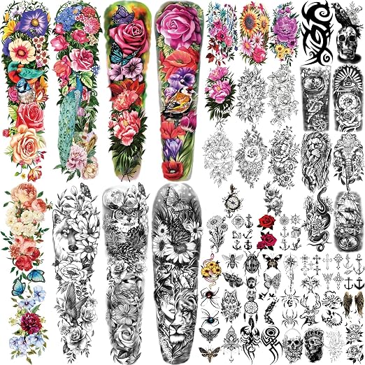 Amazon.com : 55 Sheets Temporary Tattoo for Men and Women, 8 Full Arm ...