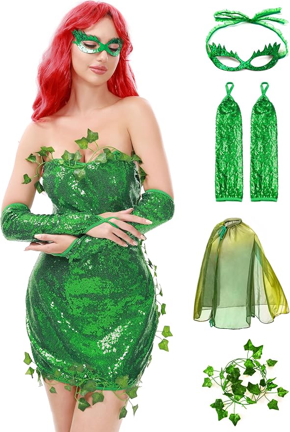 Amazon.com: Funna Poison Costume Women Ivy Halloween Outfit 4 Piece ...