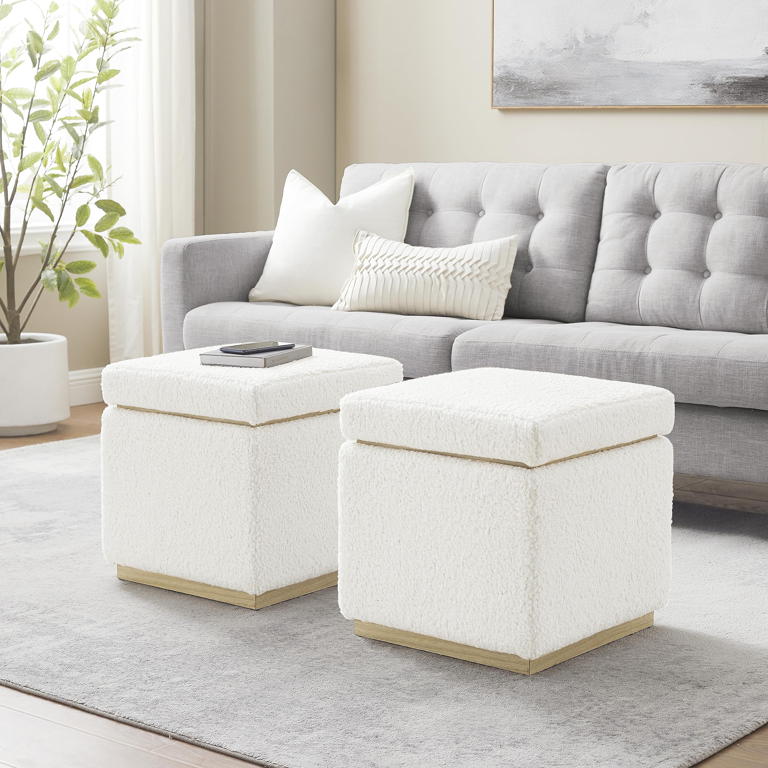 Linon Cream Lexington Sherpa Upholstered Square Storage Ottoman with ...