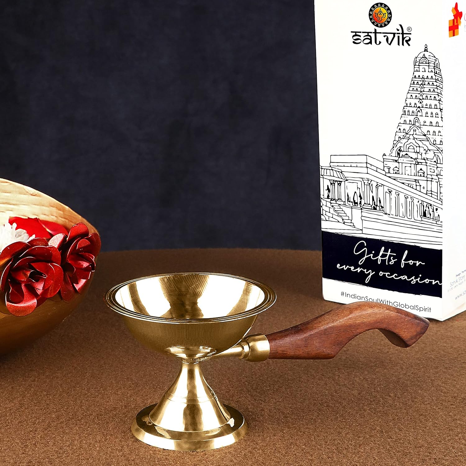 Craftsman Brass Aarti Diya with Wooden Handle Decoration Tea Light ...