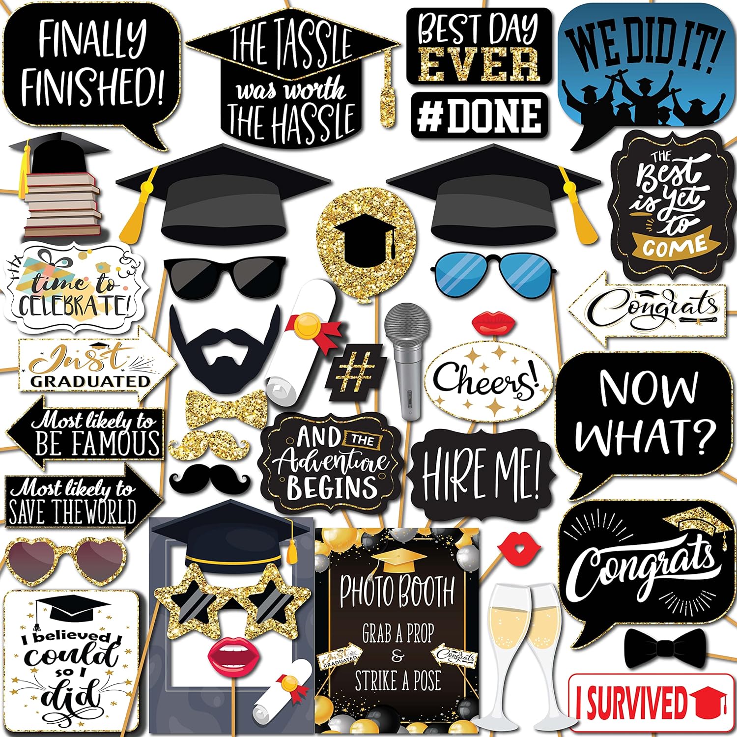 Graduation Photo Booth Props - 41-pc Photobooth Kit with 8 x 10-Inch ...