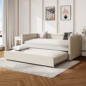 Amazon.com: LUSPAZ Twin Size Linen Upholstered Daybed with Trundle ...