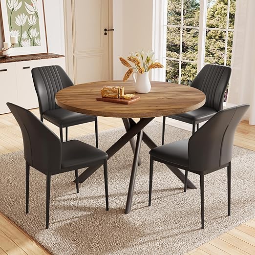 Amazon.com - HIPIHOM 45.3'' Walnut Round Dining Table Set for 4, Mid ...