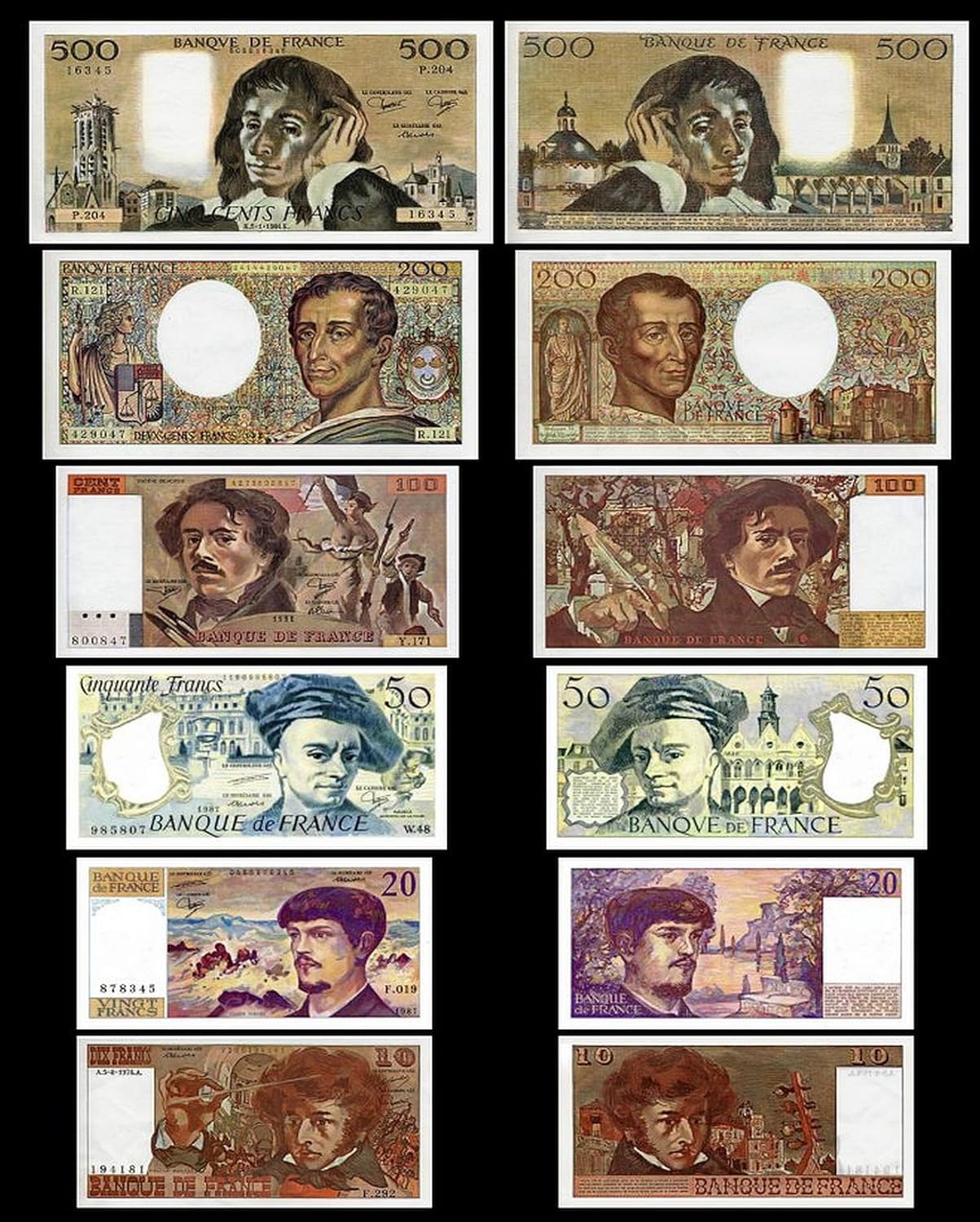 JDS Collection *** 10-500 französische Franc Banknoten 1. + 2. Serie ...