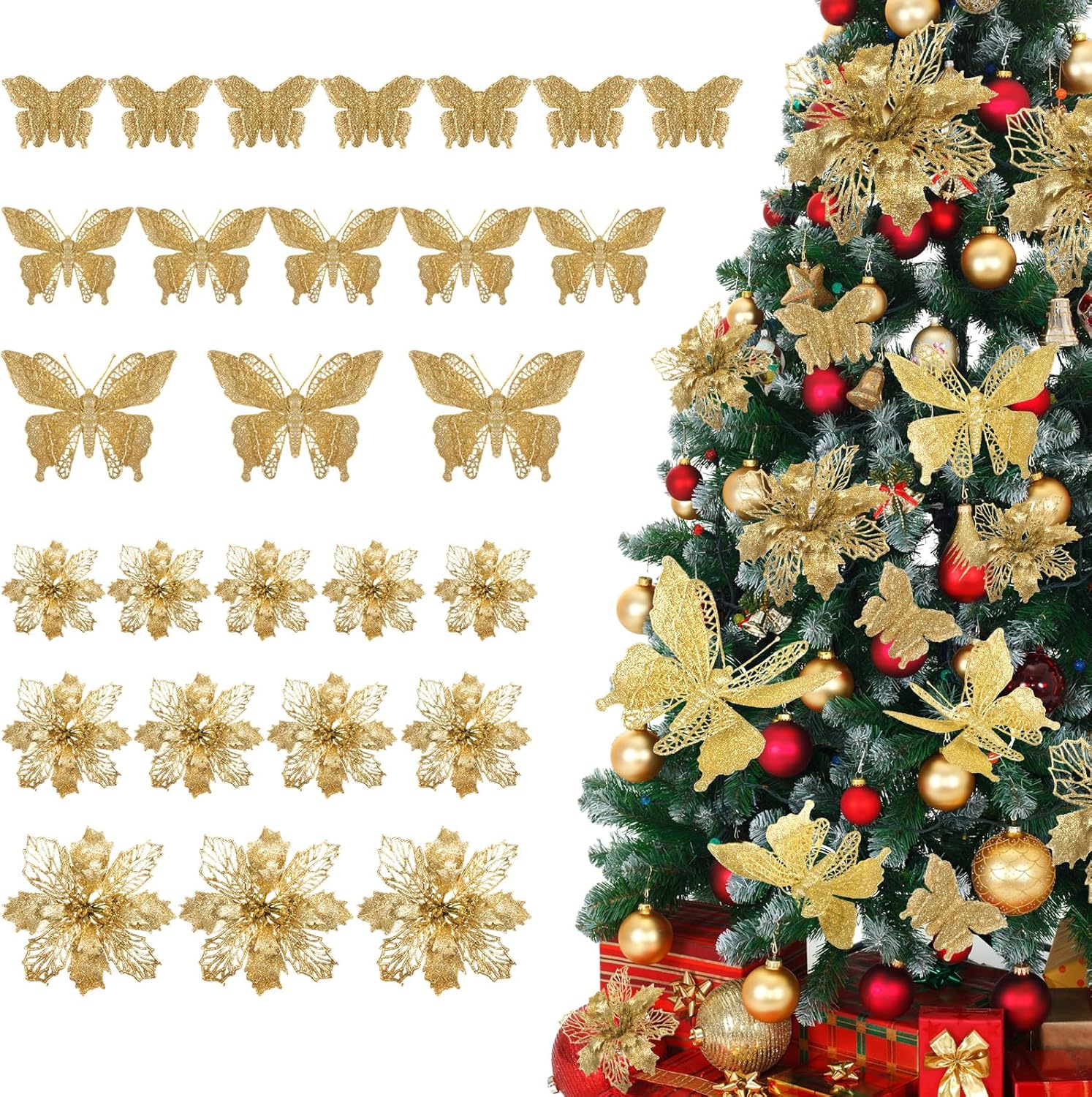 Amazon.com: Unittype 48 Pcs Gold Poinsettias Christmas Ornaments ...