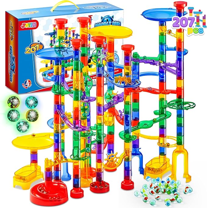Educational marble run set with blocks and glass marbles