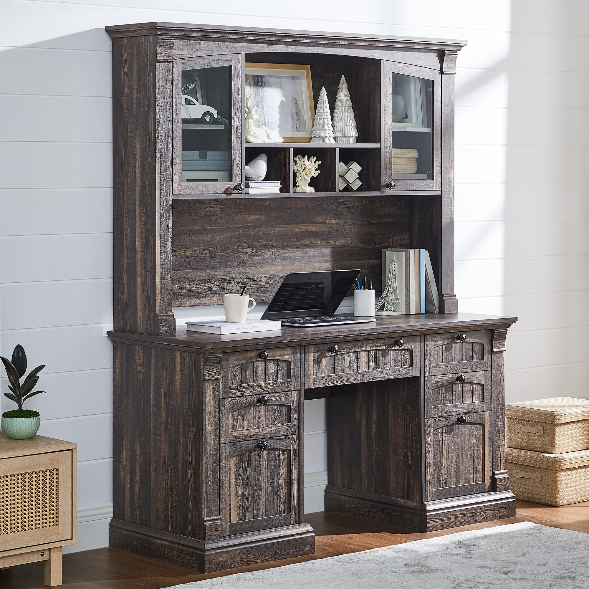 Amazon.com: Fynar White Farmhouse Executive Desk with Drawers and ...