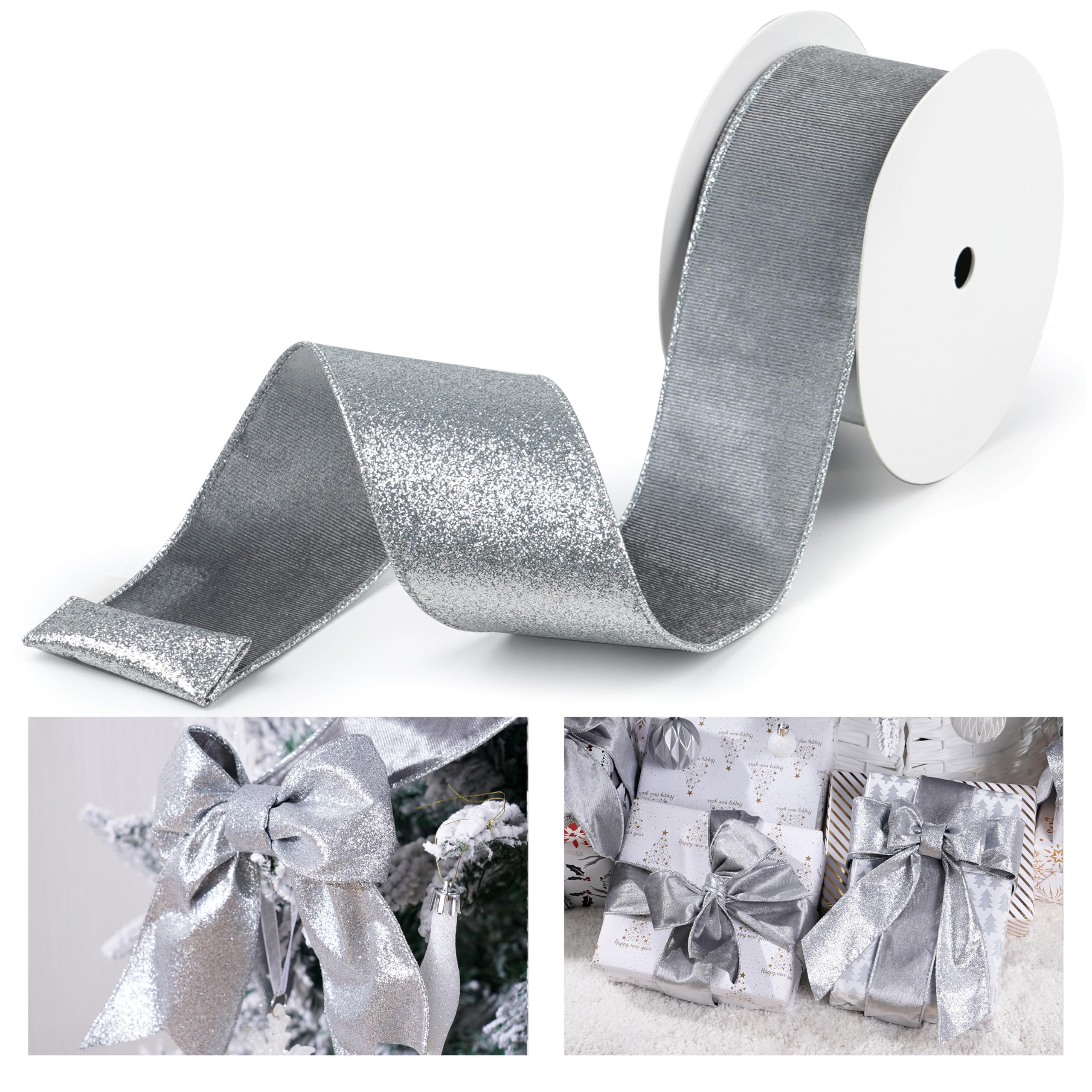 Amazon.com: LIZLOVESS Silver Velvet Wired Ribbon with Glitter Back 2.5 ...