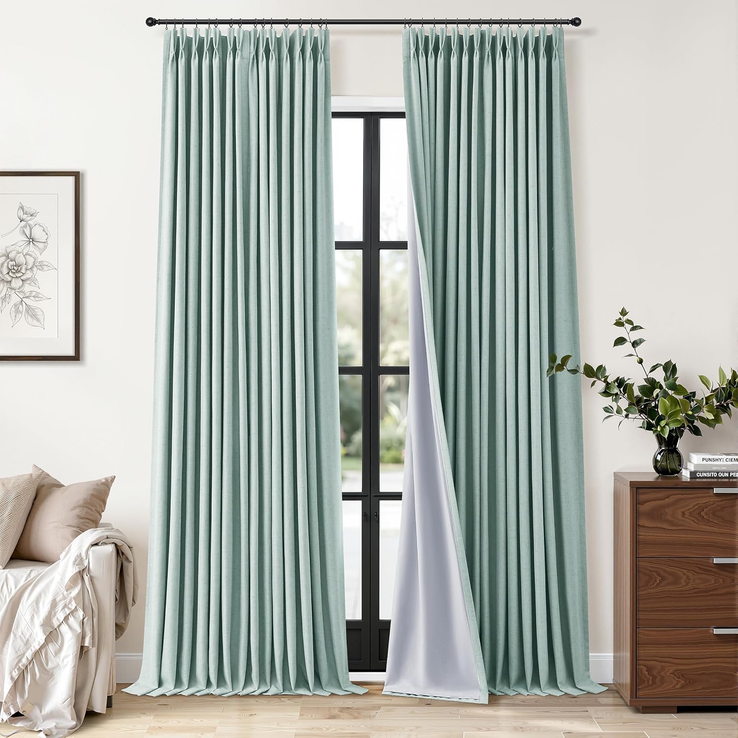 Amazon.com: Light Blue Pinch Pleated Linen Blackout Curtains 102 Inches ...