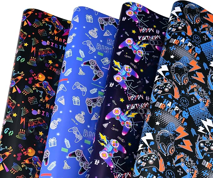 Amazon.com: Titiweet Gaming Birthday Wrapping Paper for Boys Girls, 6 ...