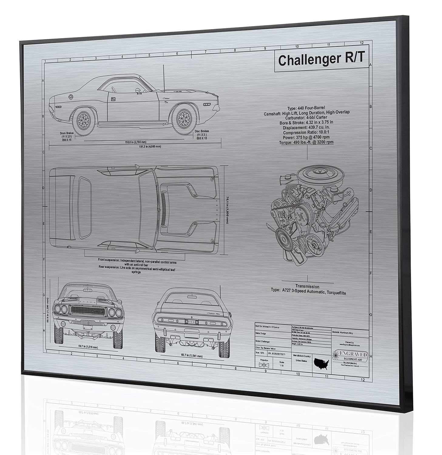 Amazon.com: Dodge Challenger 1970 RT 440 Blueprint Artwork-Laser Marked ...