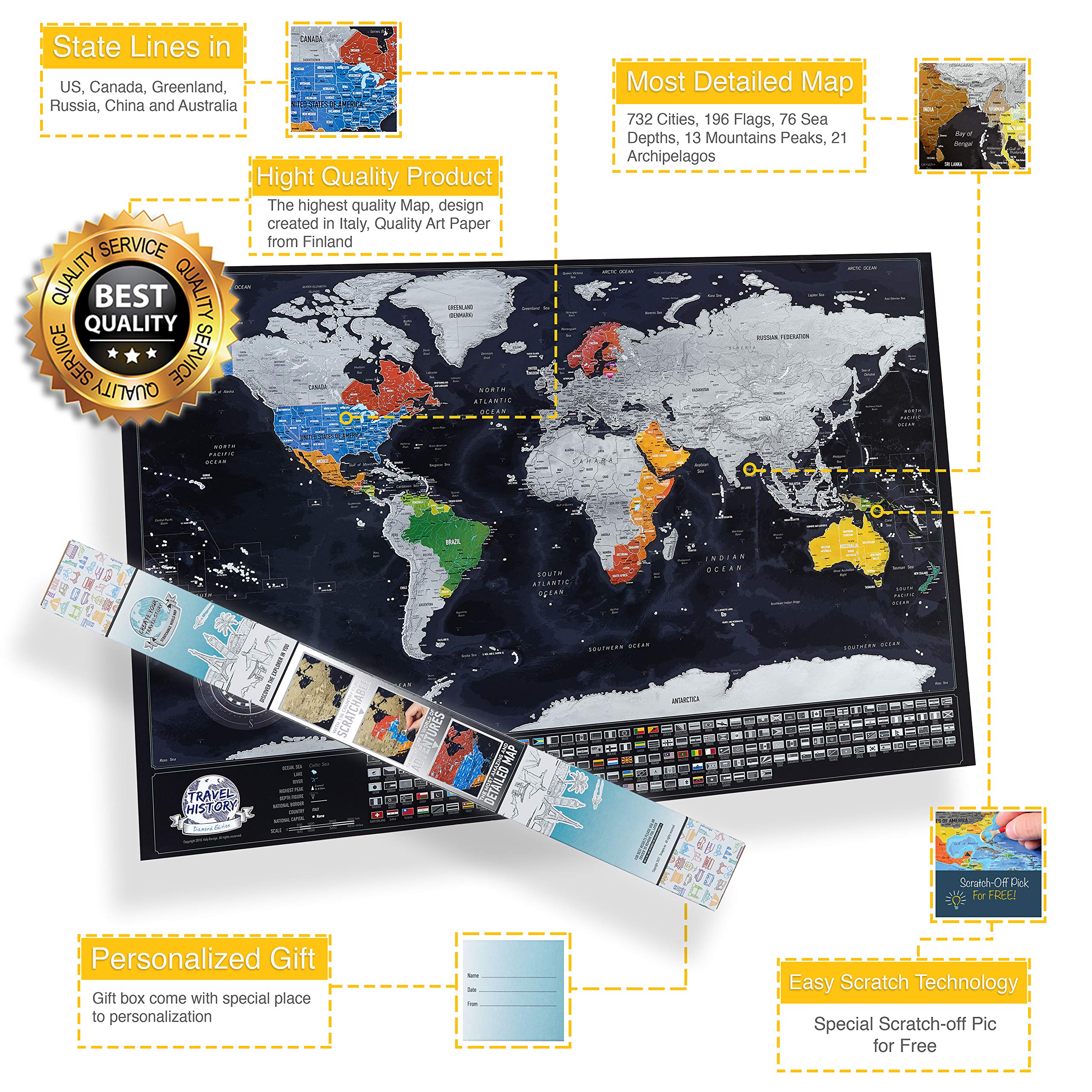Detailed Scratch Off World Map with Countries Flags, Biggest Cities and ...