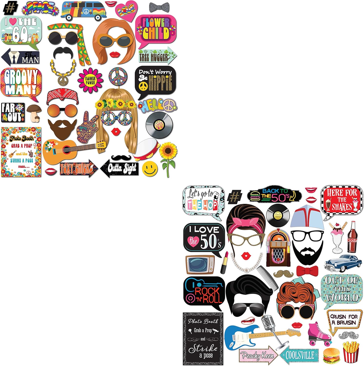 Amazon.com: 60s and 50s Decade Bundle Photo Booth Props with 82 Pieces ...