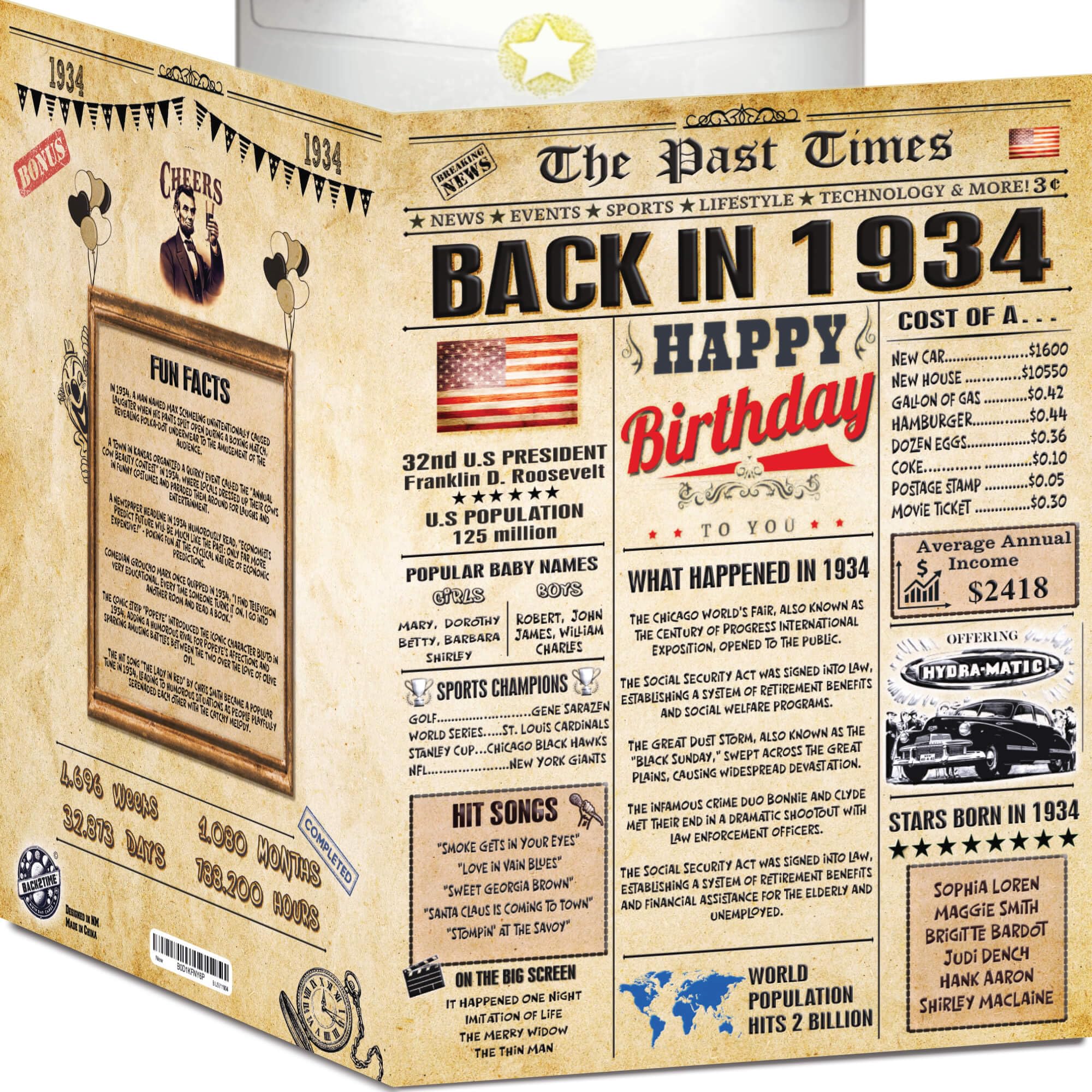 Amazon.com : 91st Birthday Card for Women Men - Back In 1934 Newspaper ...