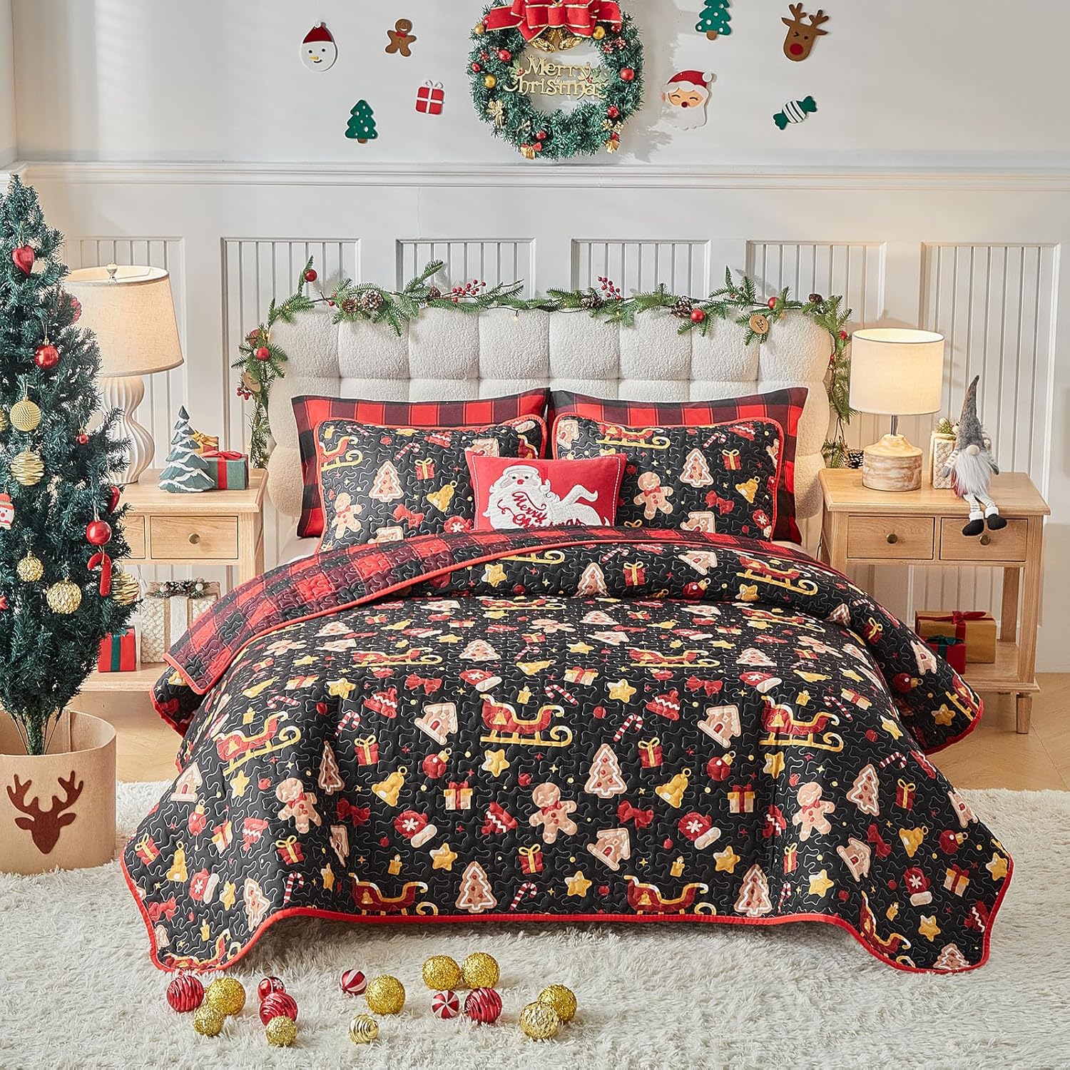 Amazon.com: Christmas Quilt Set 3PC Queen Bedspread Coverlet, Black Red ...