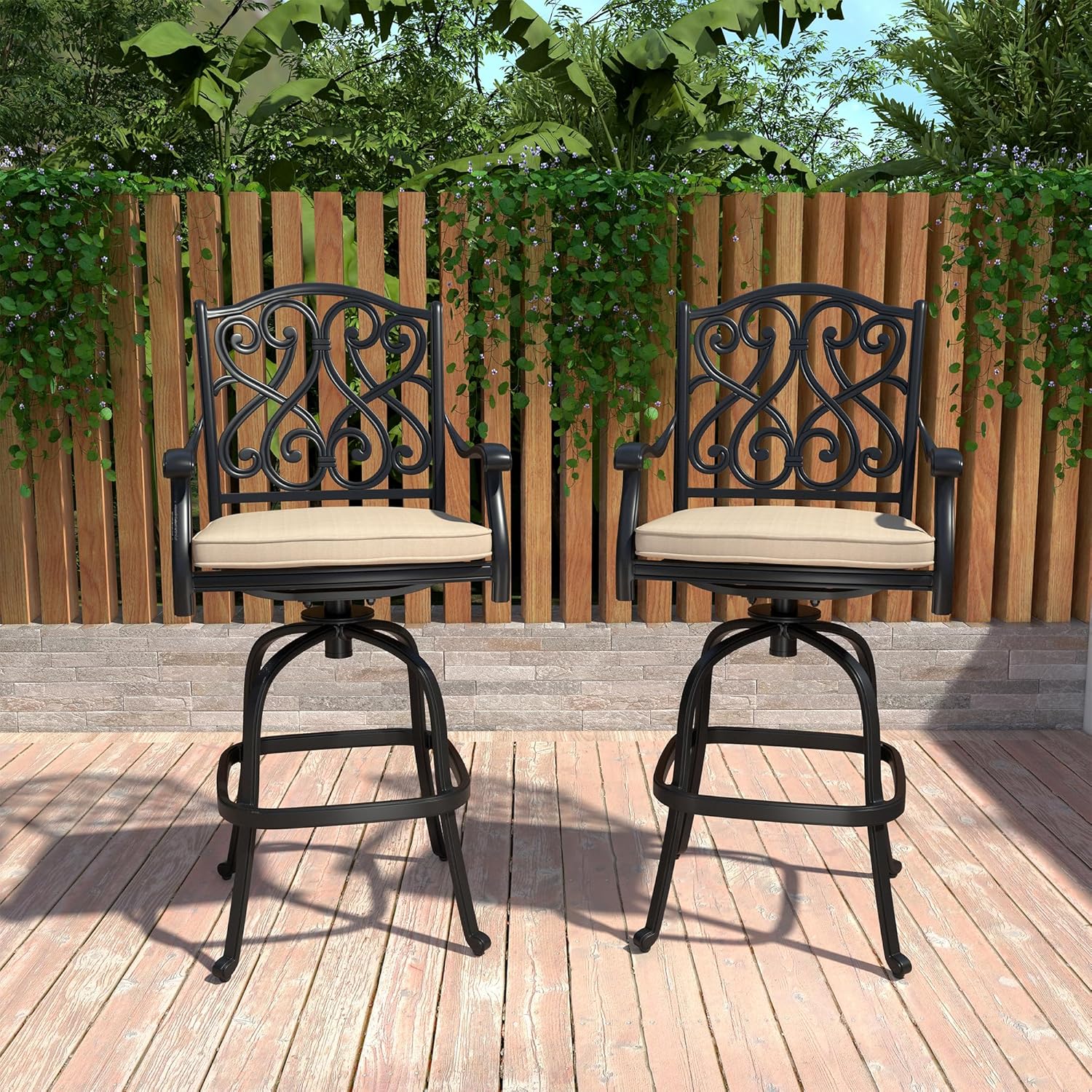 Amazon.com: 2pcs Cast Aluminum Outdoor Swivel Bar stools with Cushions ...