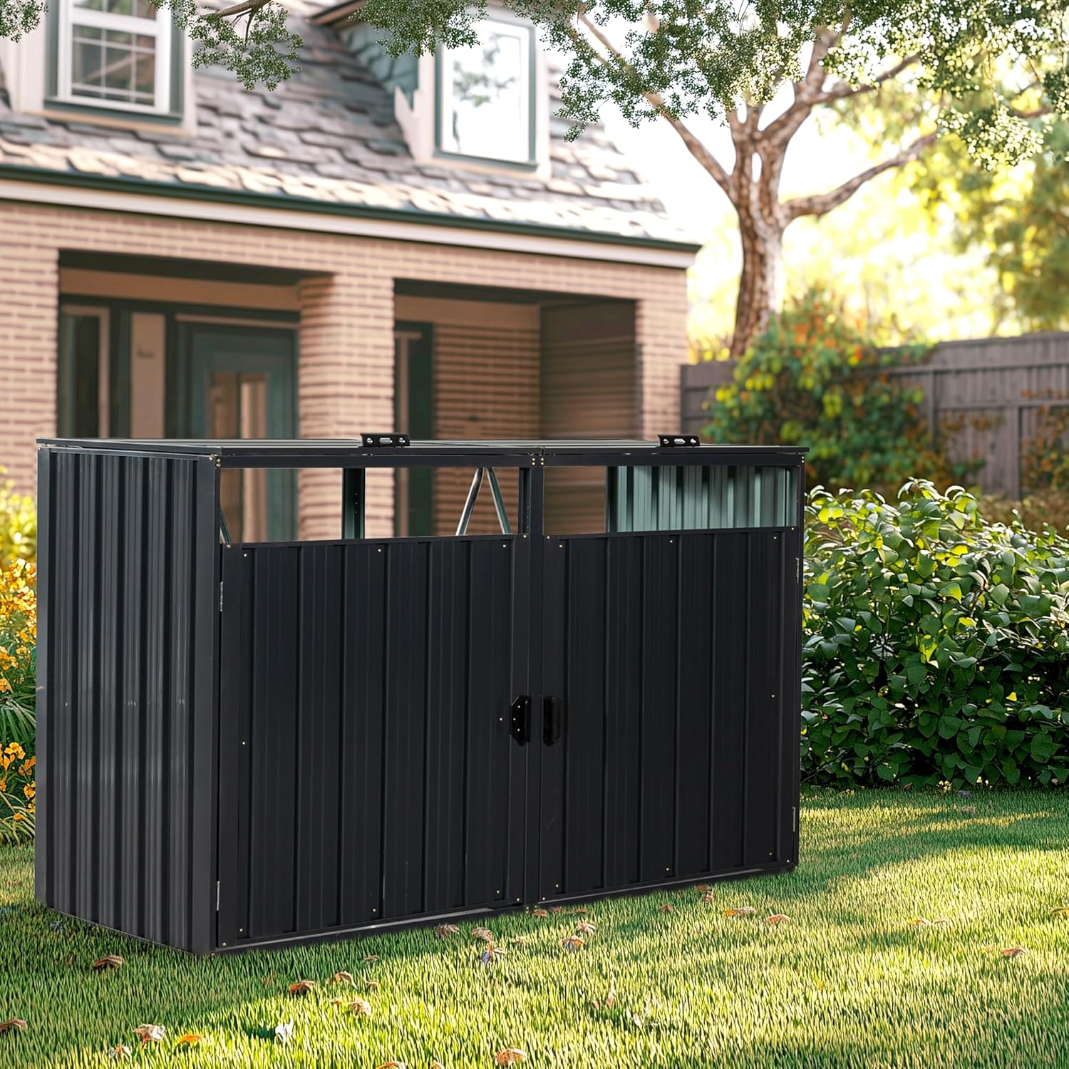 Amazon.com: Outdoor Trash Can Shed Metal Garbage Enclosure for 2 Bins ...