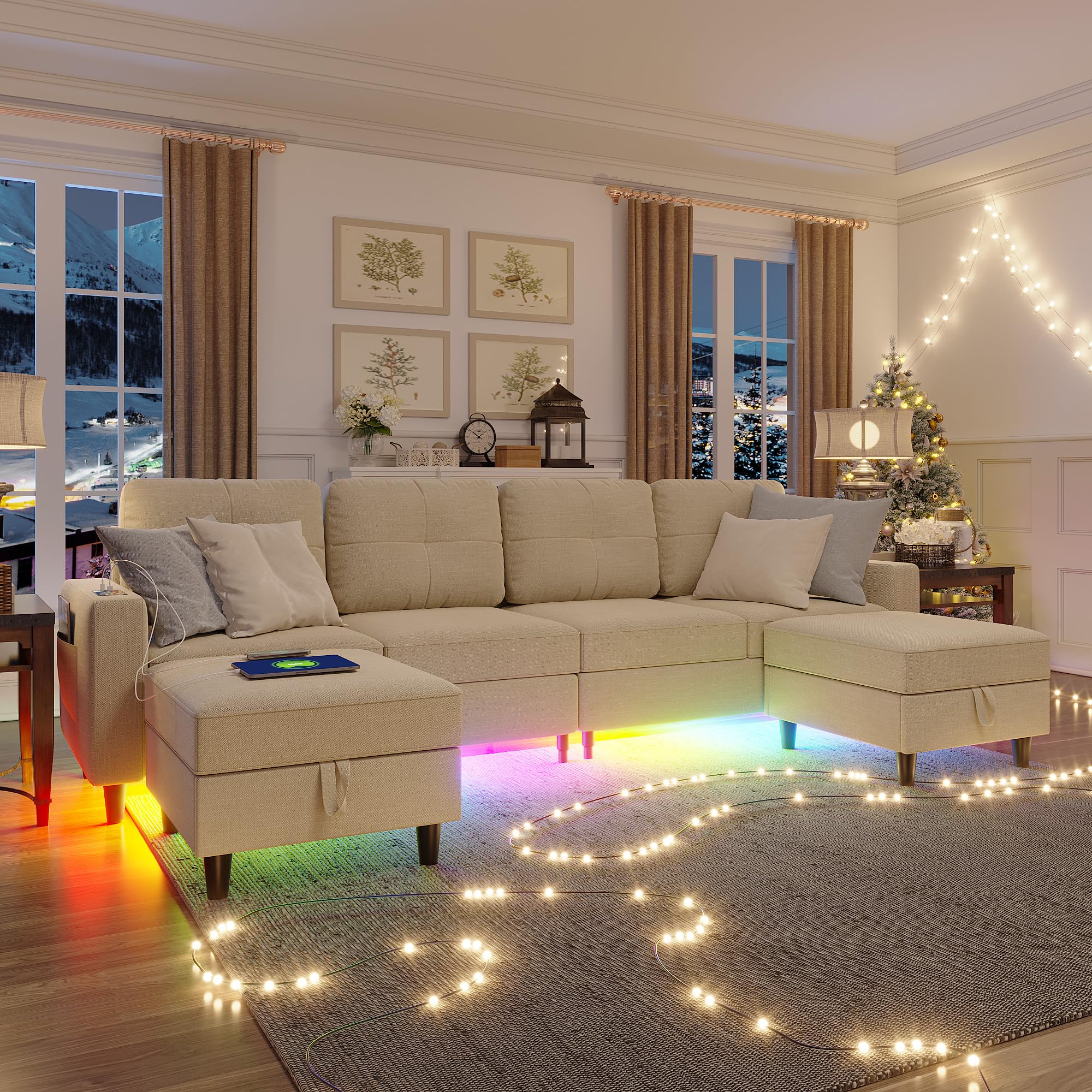 Amazon.com: HNEBC LED Sectional Sofa with Charging Station, Sectional ...