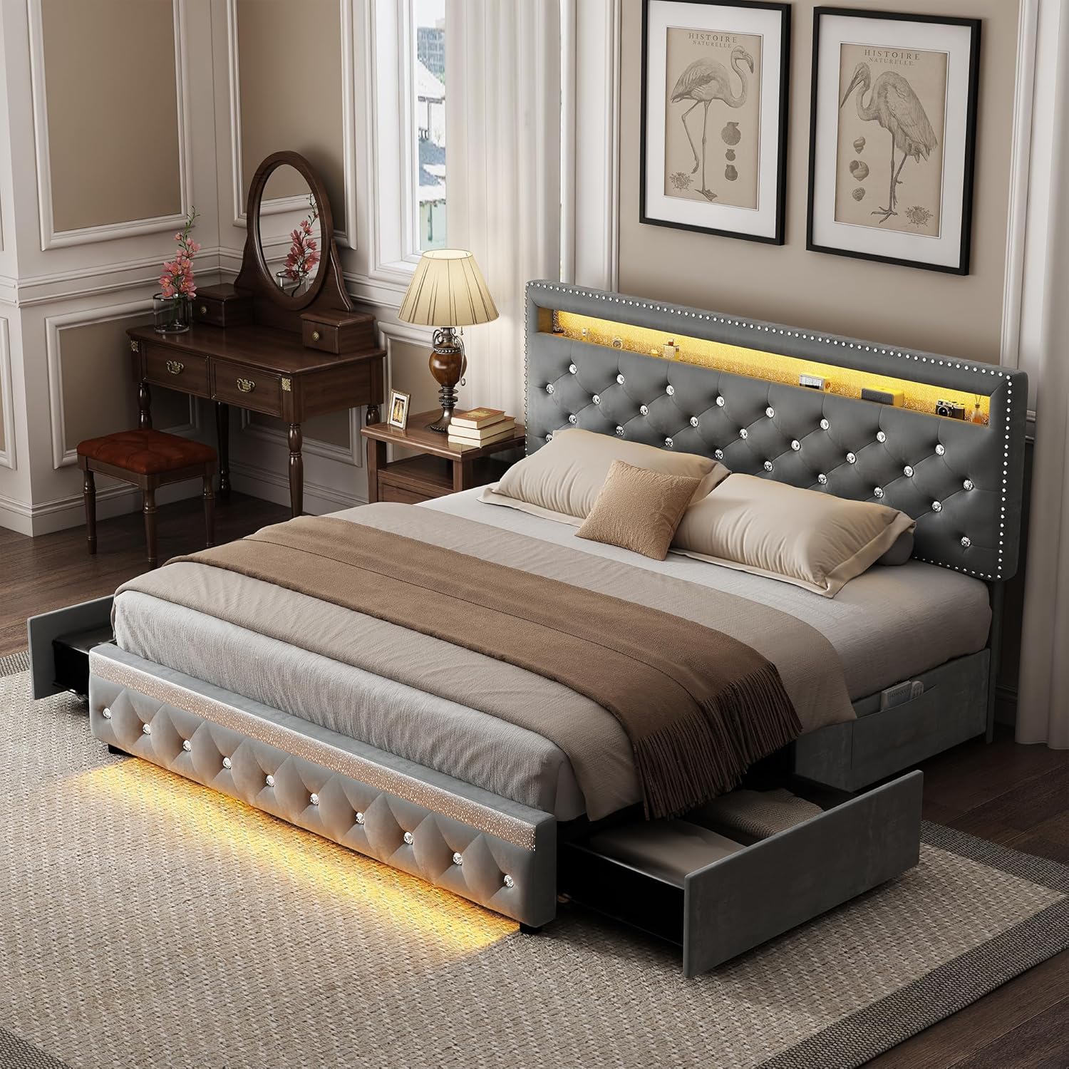 Amazon.com: Torana Queen LED Bed Frame with 2 Storage Drawers, Velvet ...
