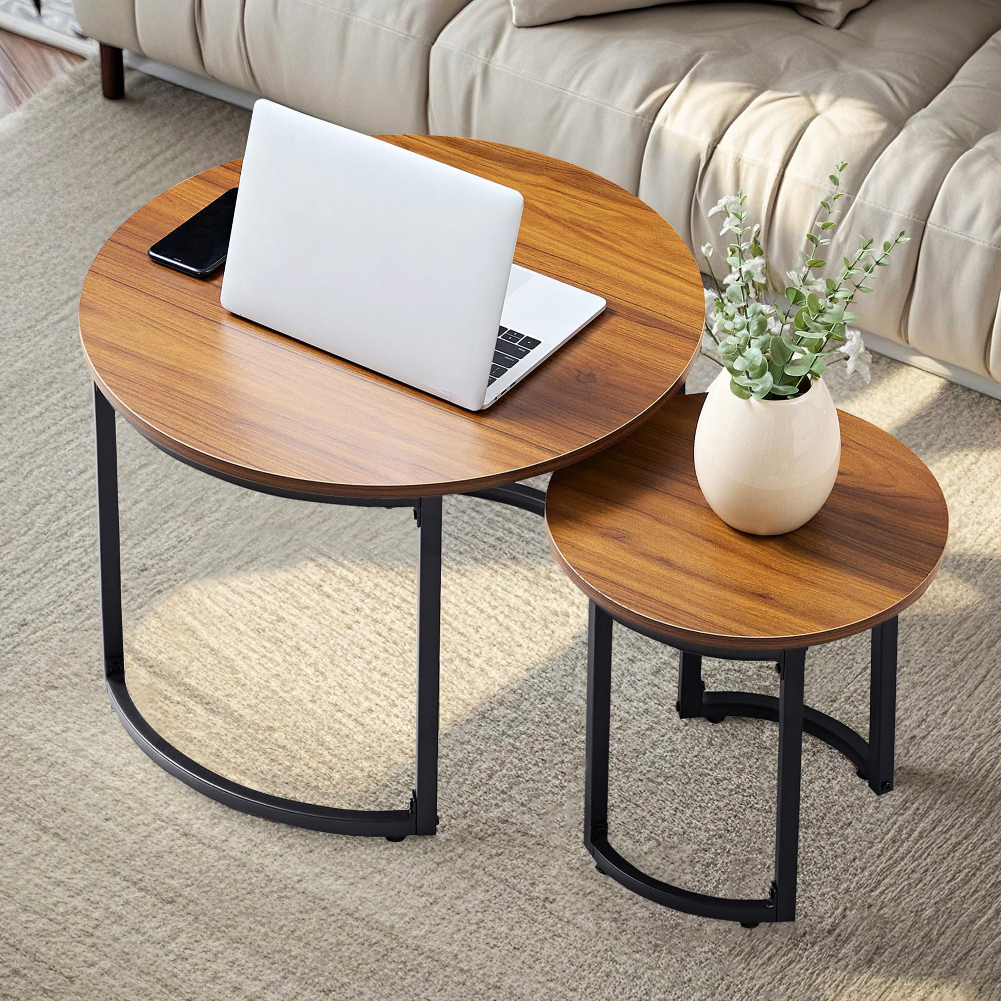 Amazon.com: VECELO Nesting Coffee Table Set of 2, Wood Round Side ...