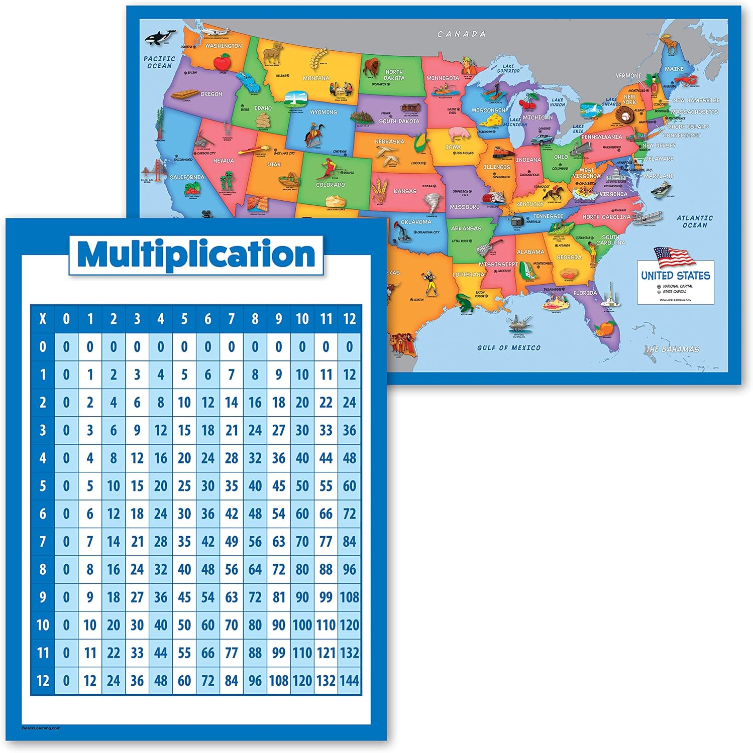Amazon.com : 2 Pack - USA Map for Kids [Illustrated] + Multiplication ...