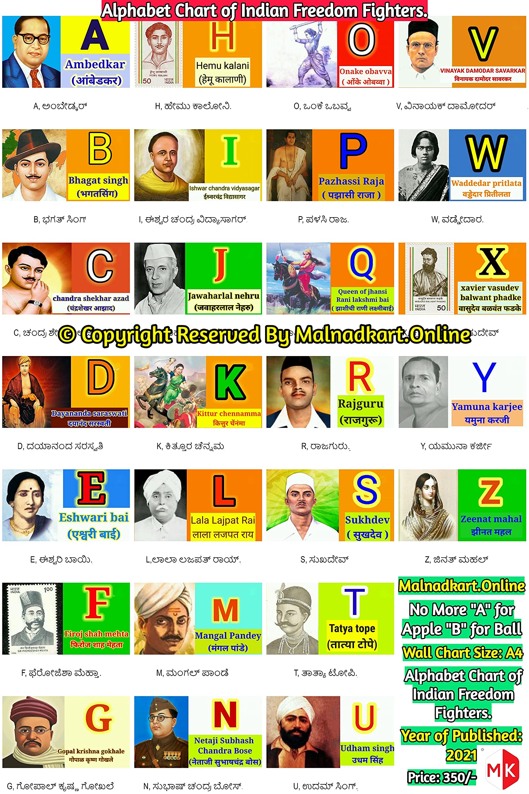 Buy Alphabet Chart With the Name of Indian freedom fighters | Chart in ...