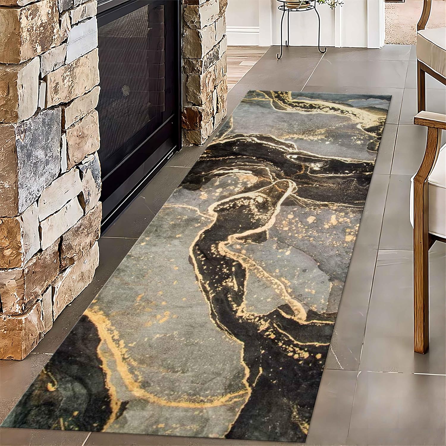 Amazon.com: MUOUCTE Black Gray Gold Marble Art Long Hallway Runner Rug ...