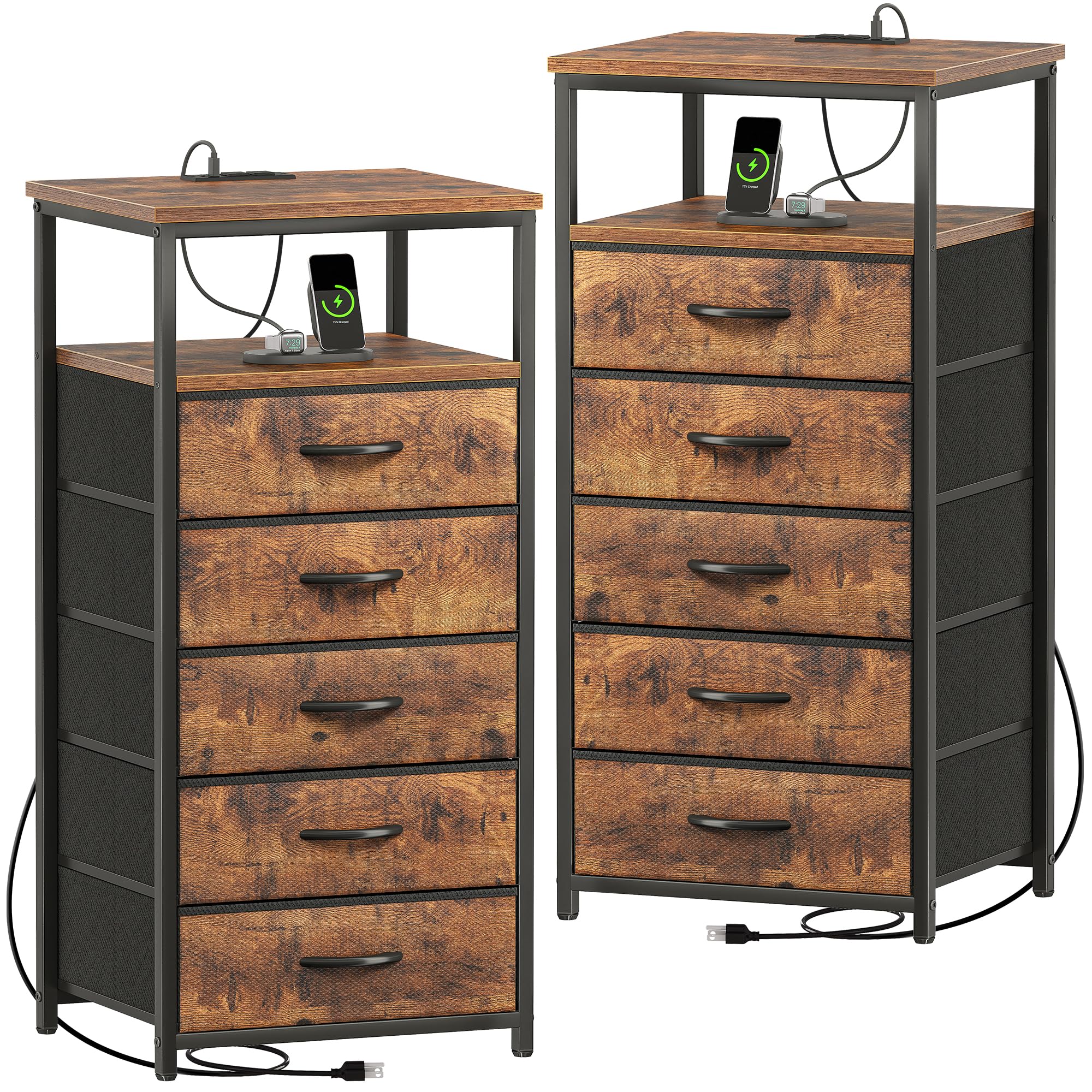 Huuger 5 Drawers Dresser with Charging Station, Set of 2, Dresser for ...