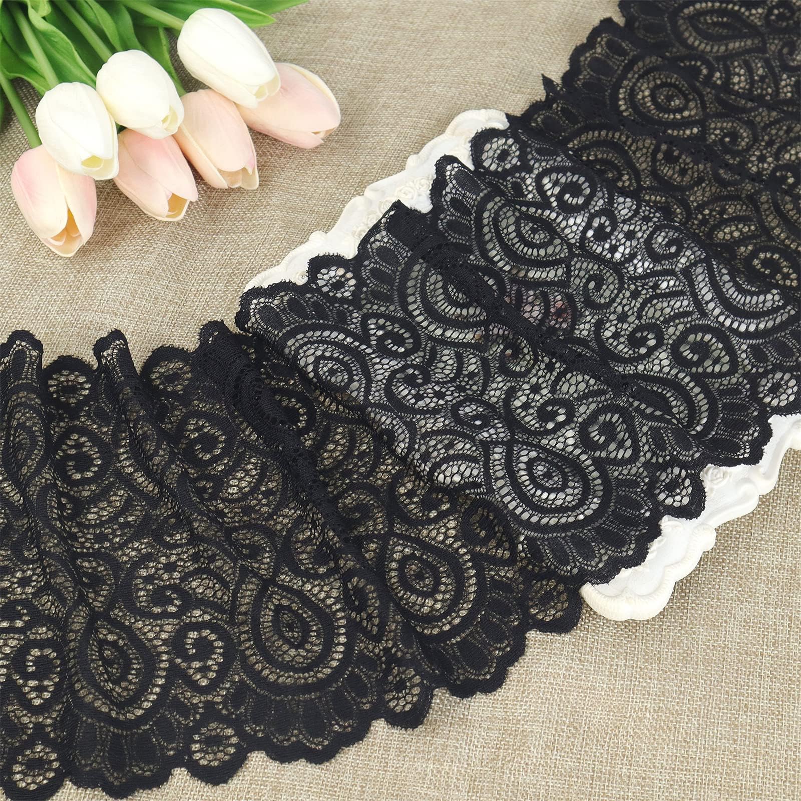 Amazon.com: 5.5" Wide x 10 Yards Black Floral Pattern Lace Ribbon for ...