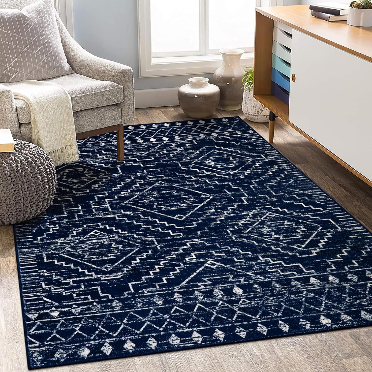 Amazon.com: Wonnitar Moroccan 5x7 Blue Rugs for Living Room, Washable ...