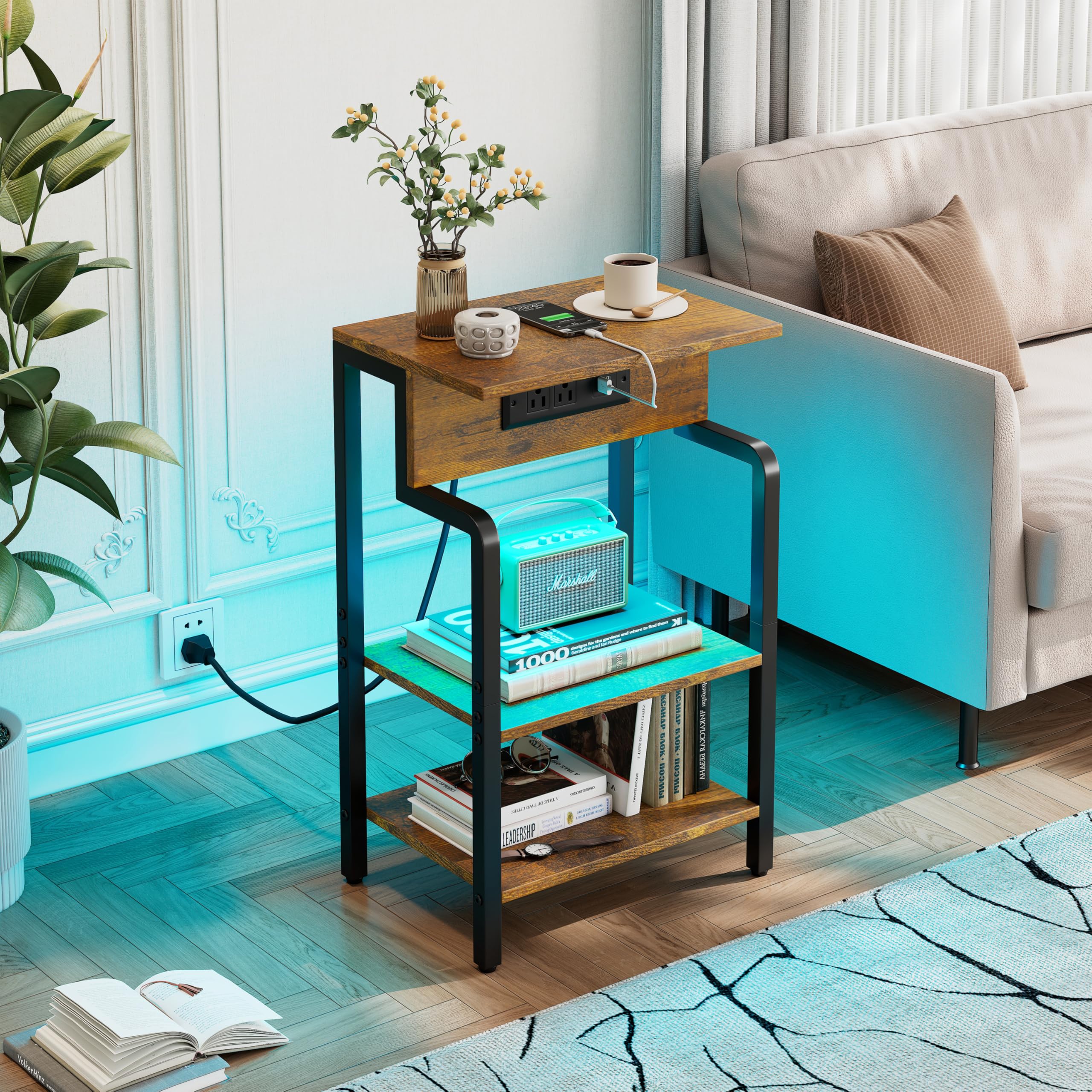 Amazon.com: Side Table, LED End Table with Charger Station, Small ...